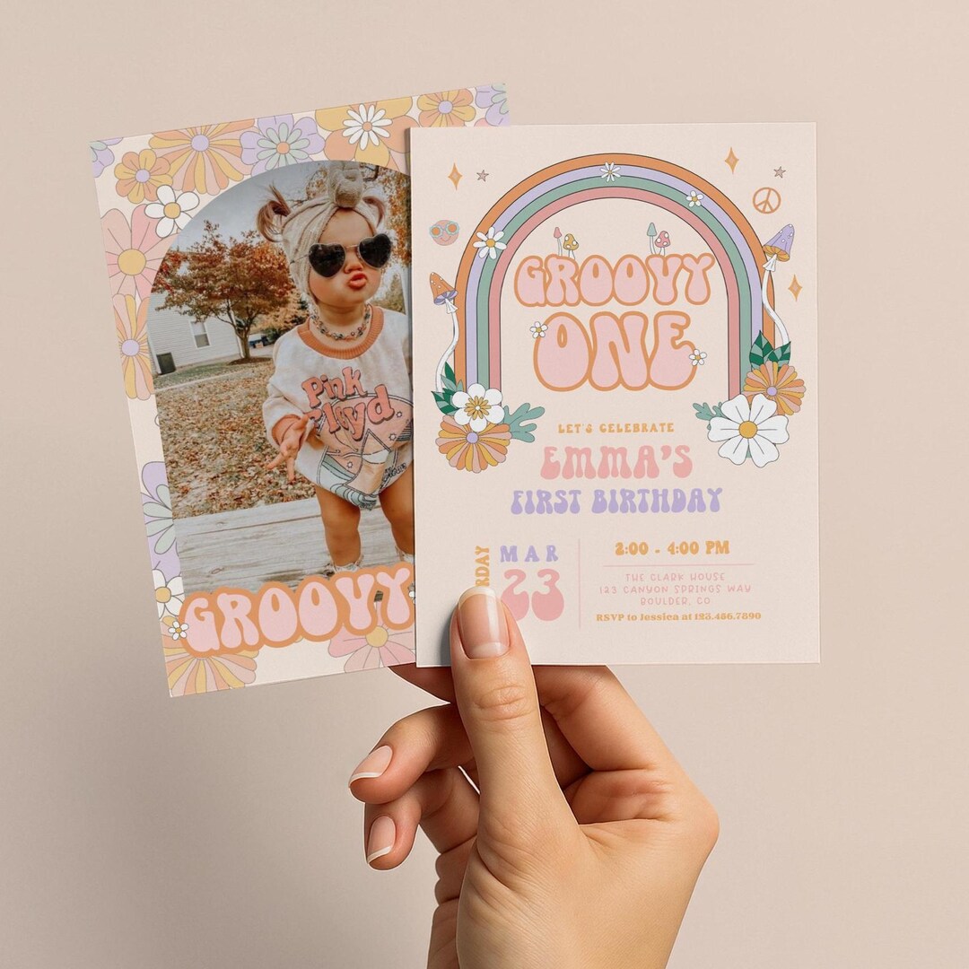 Groovy One Birthday Invitation Template, Hippie Rainbow 70s Vibe ...