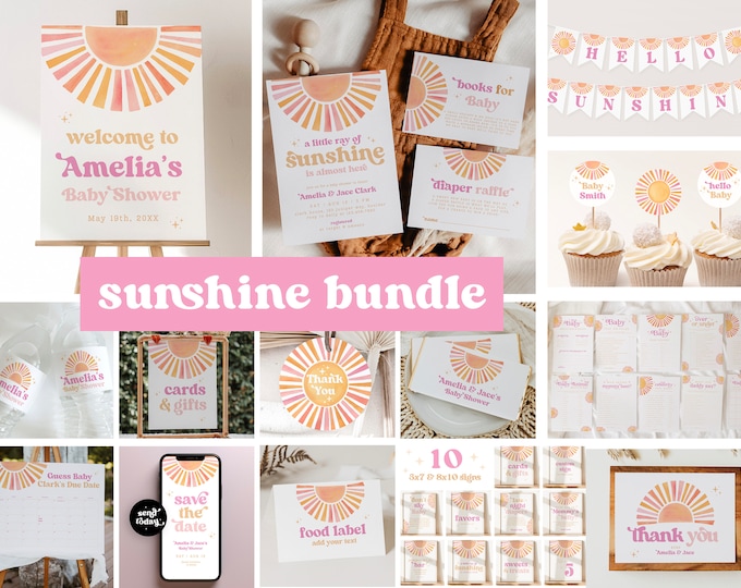 Editable Sunshine Baby Shower Bundle A Little Ray of Sunshin Baby ...