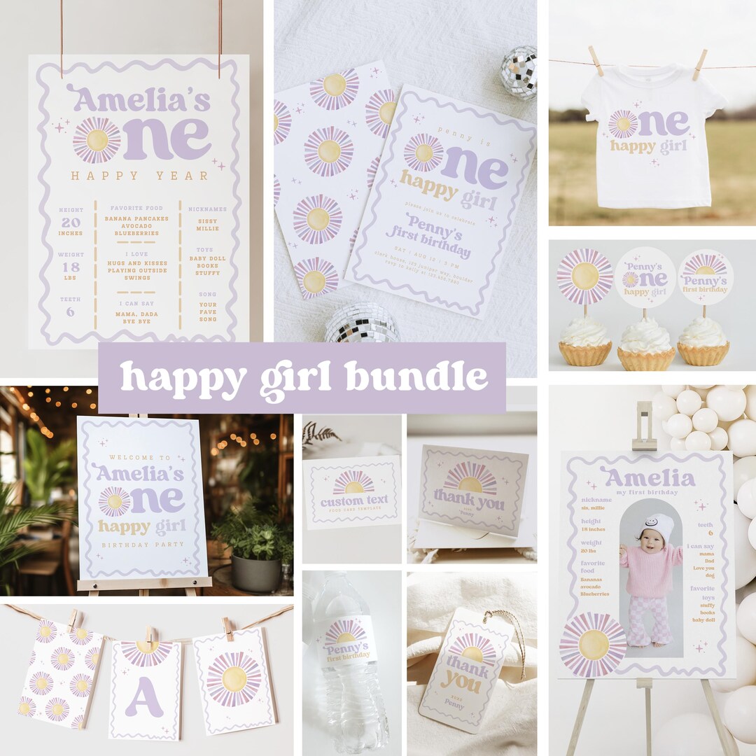 Boho Lilac Sun First Birthday, One Happy Girl Retro 1st Birthday Party ...