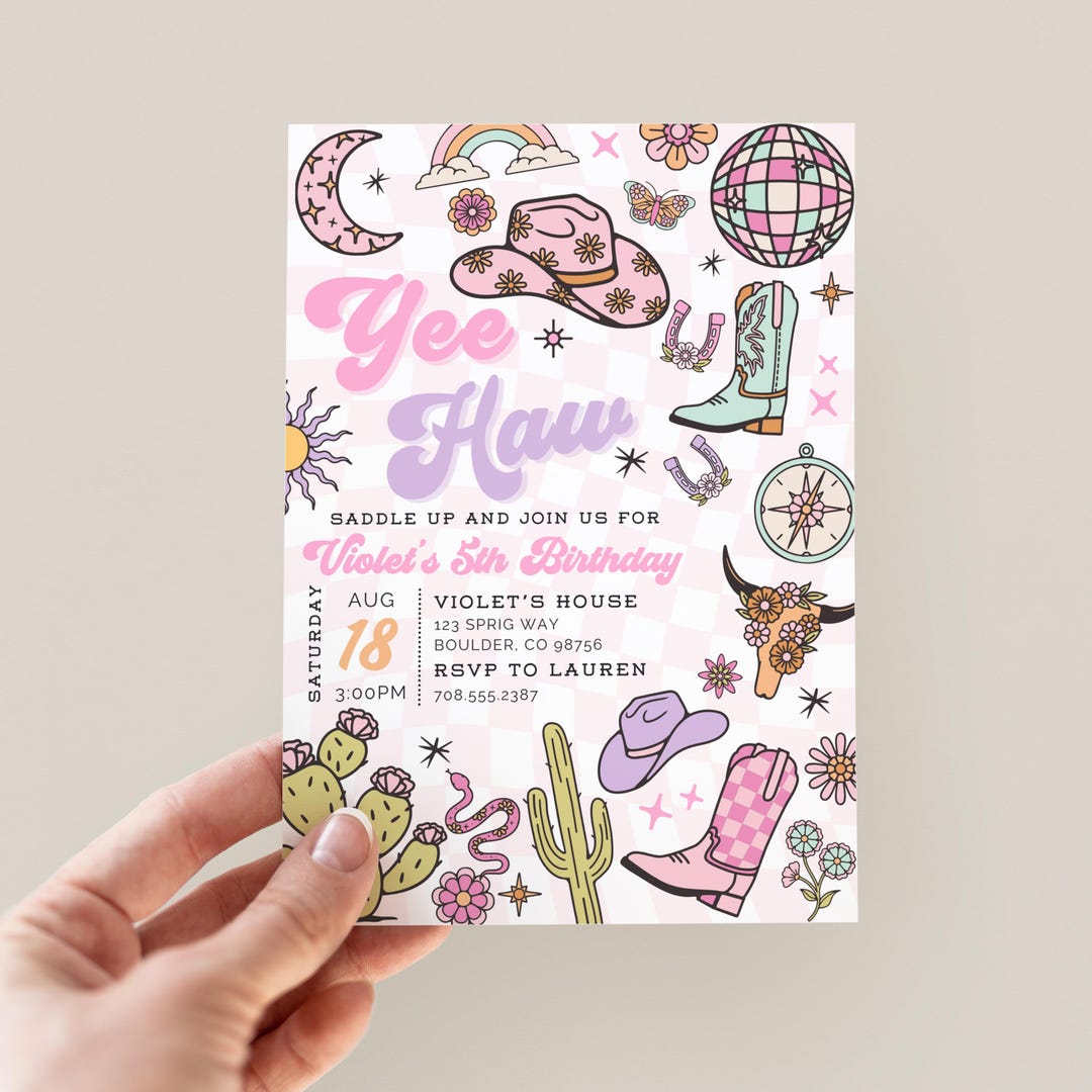 Editable Groovy Cowgirl Birthday Invitation, Yee Haw Pink Space Western ...