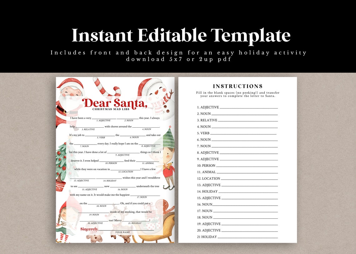 Kids Christmas Mad Libs Game, Funny Holiday Game, Printable Dear Santa ...