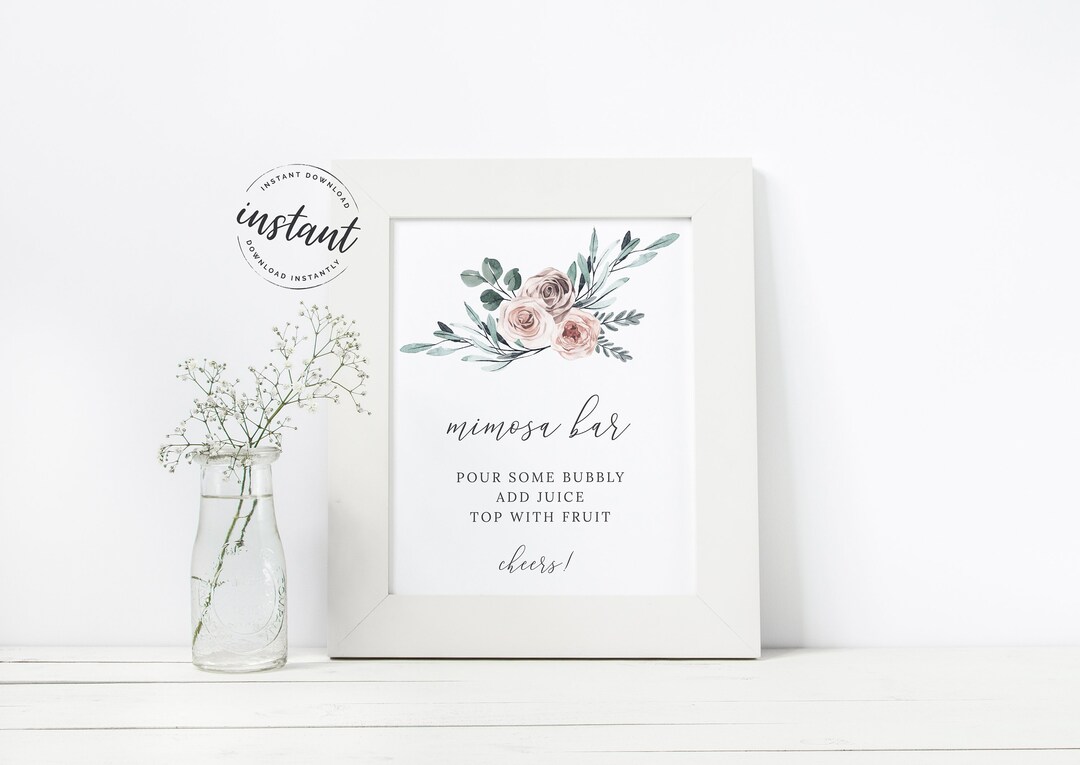 Printable Mimosa Bar Sign, Boho Rose Mimosa Bar Sign, Bridal Shower ...