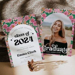 Boho Retro Graduation Party Invitation Template, Minimalist Graduation ...