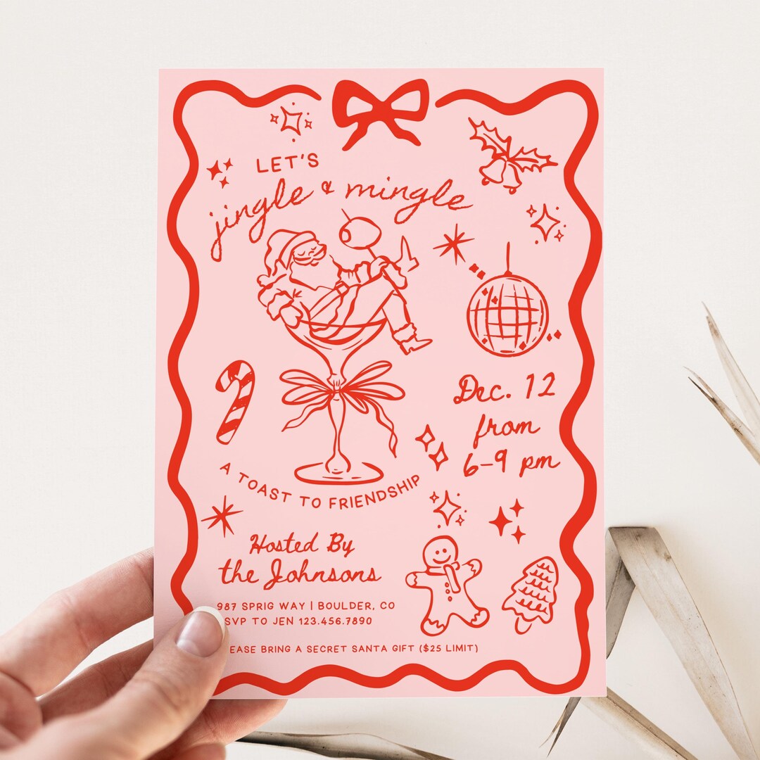 Jingle & Mingle Christmas Party Invite Whimsical Hand Drawn Festive ...