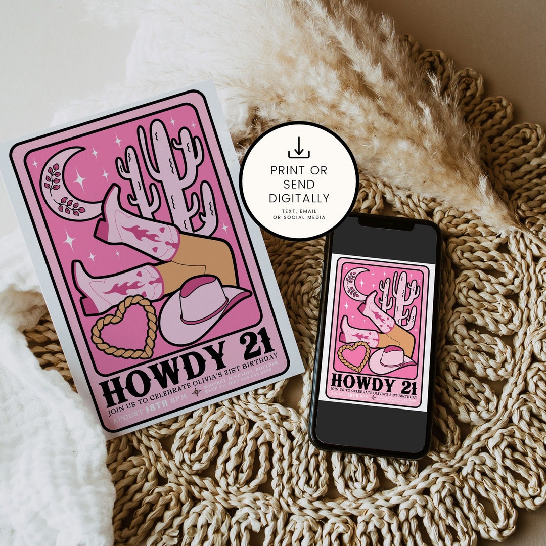 Howdy 21st Birthday Party Template, Editable Cowgril Boots Birthday ...