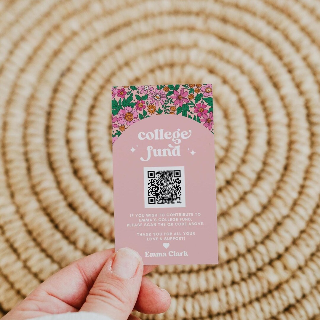Pink Wildflower Graduation College Fund QR Card Template, Editable ...