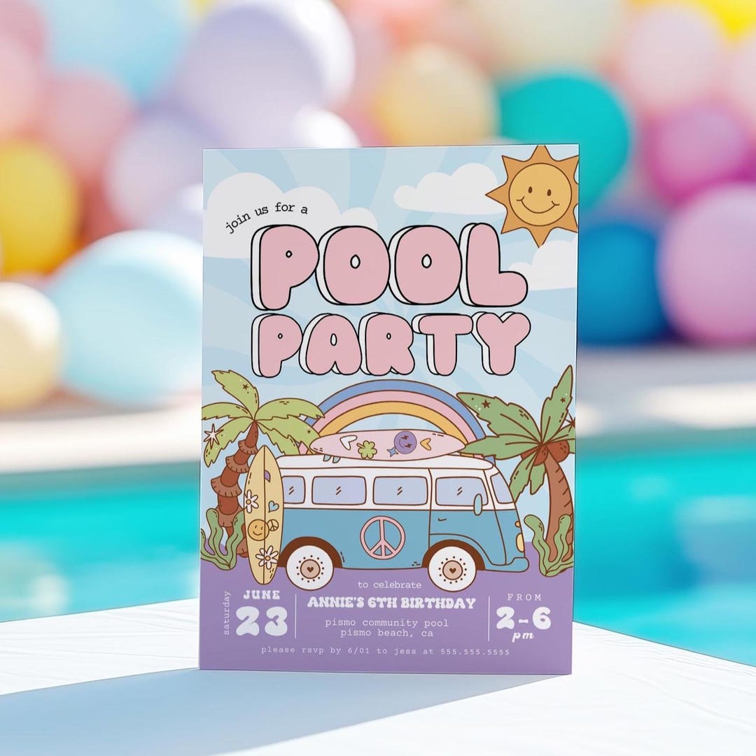 Editable Pool Party Invitation, Summer Evite Birthday, Retro Summer ...