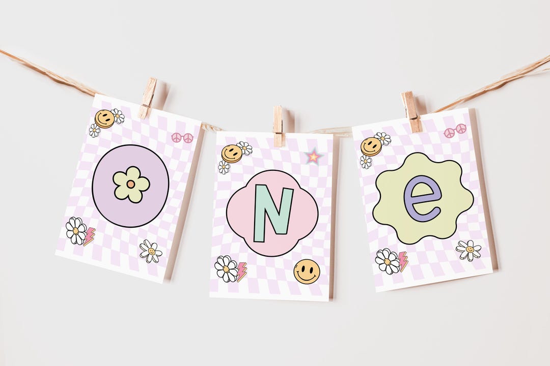 Preppy Smile Face Birthday High Chair Banner, Editable Groovy Retro ...