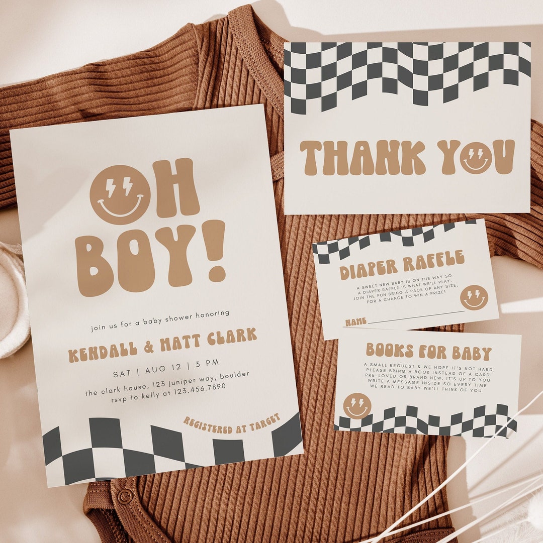 Checkered Boy Baby Shower Invitation Template, Editable Baby Shower Set ...