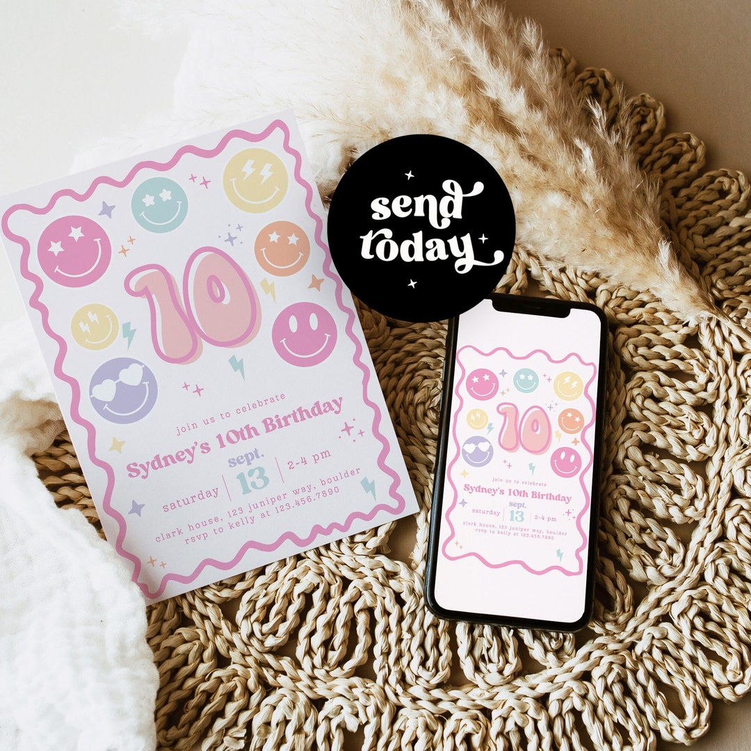 Editable Smile Face 10th Birthday Invitation, Smile Face Birthday ...