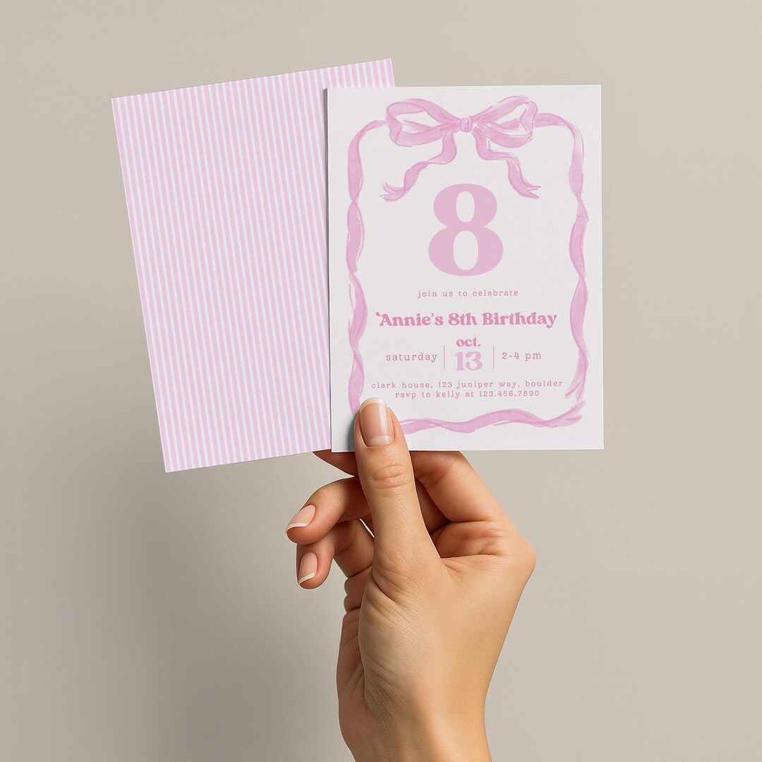 Coquette Pink 8th Birthday Invitation Girl Pink Bow Mobile 8th Birthday ...