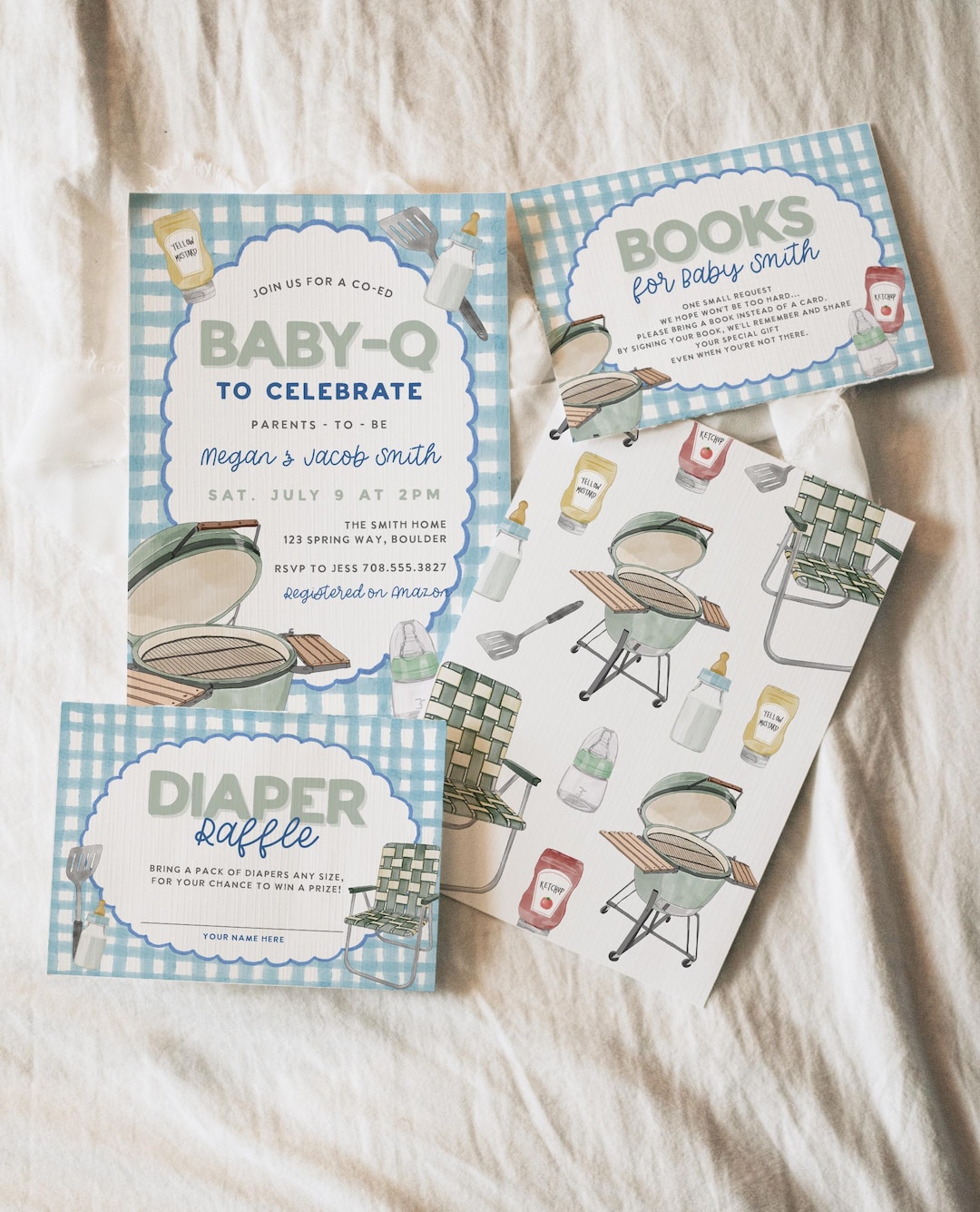 Blue Gingham Baby-q Baby Shower Invitation Set, Backyard Couples Baby ...