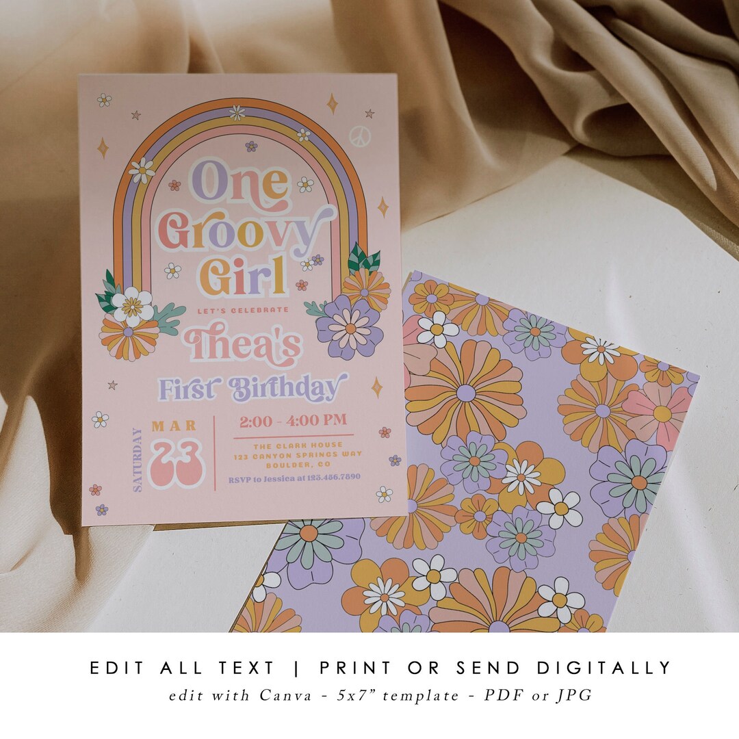 One Groovy Girl Birthday Invite Template, Groovy One Hippie Rainbow 70s ...