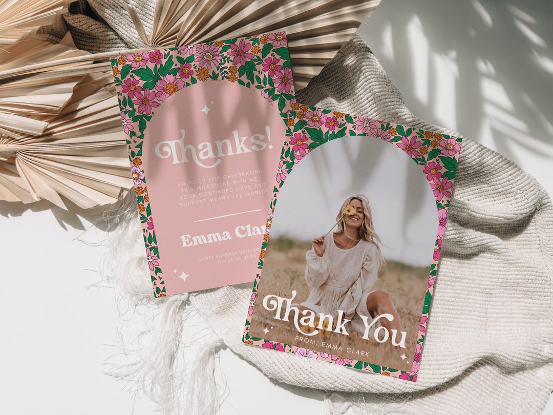 Pink Wildflower Graduation Thank You Template, Editable Floral ...