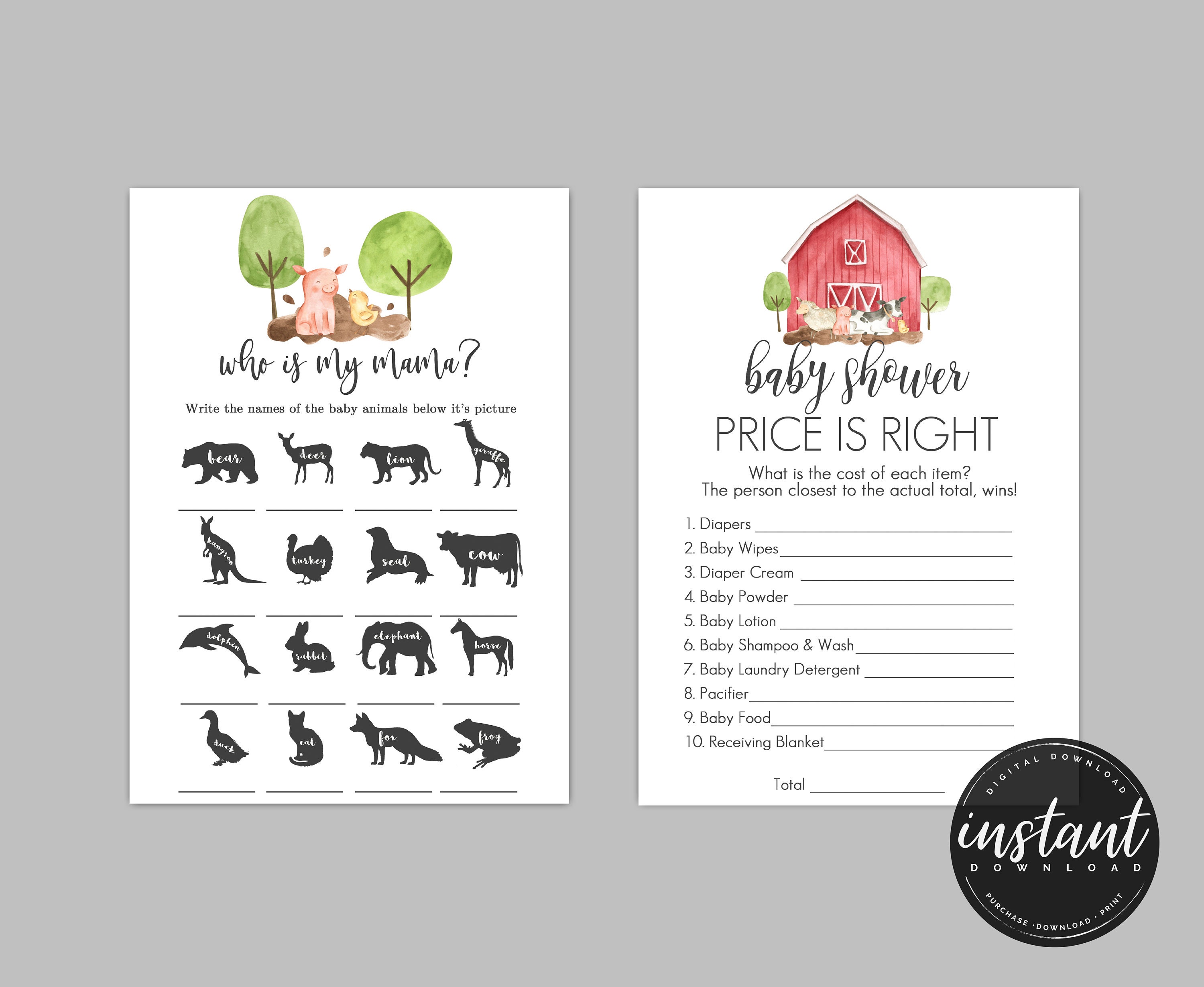 FARM ANIMAL Shower Games Bundle Baby Animal Baby Shower | Etsy