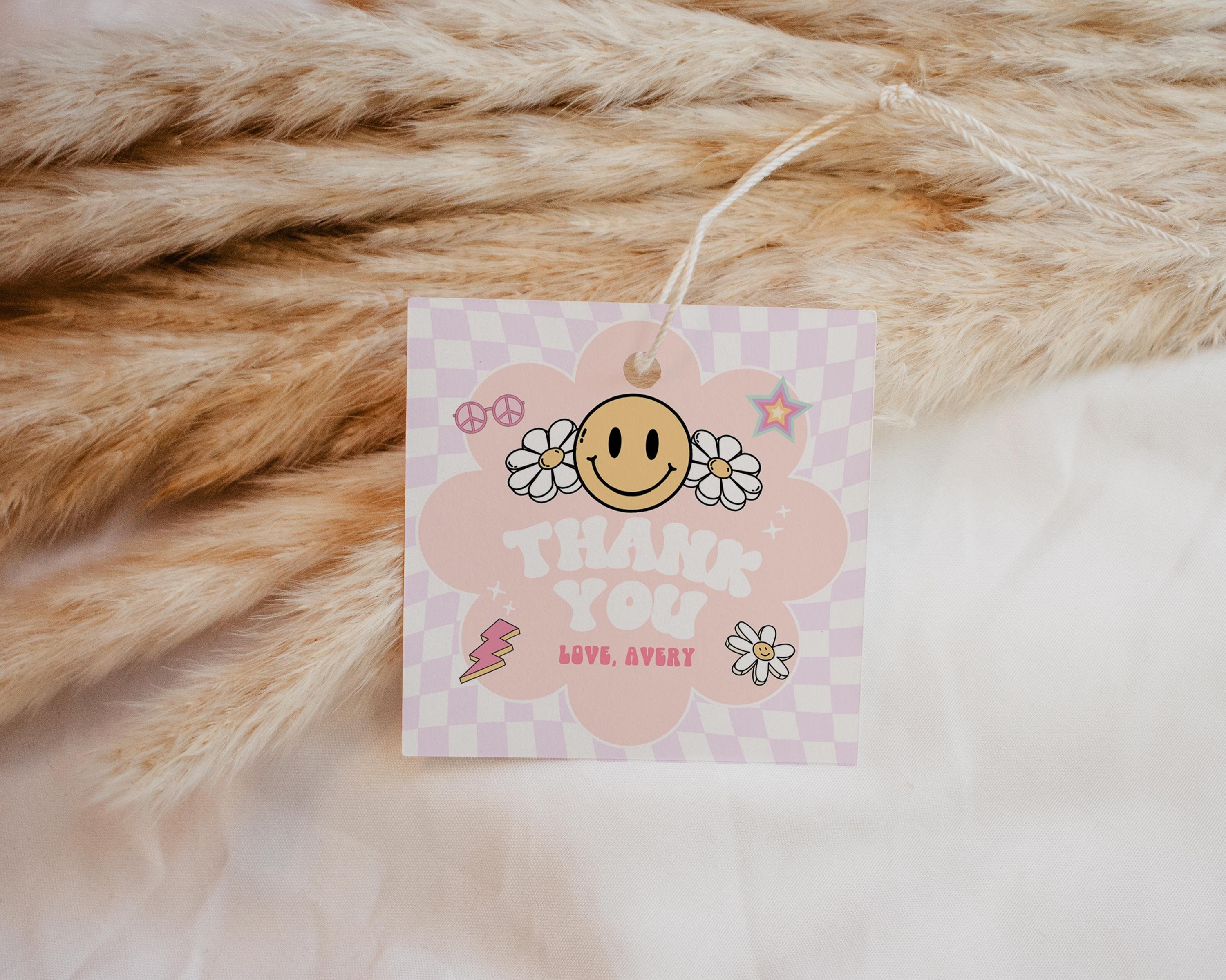 Preppy Smile Face Birthday Thank You Tag, Editable Groovy Retro ...