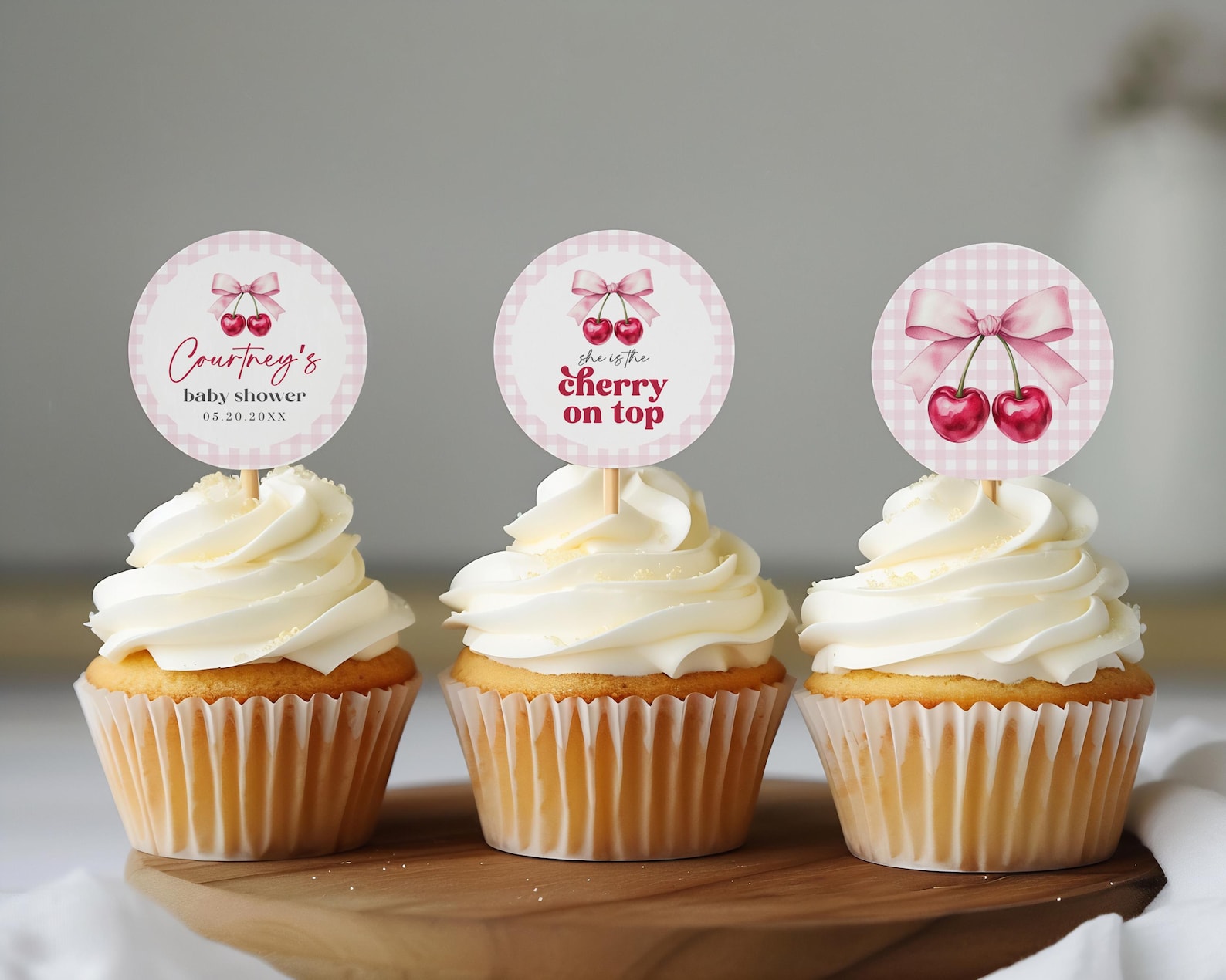 Cherry Baby Shower Cupcake Toppers, Pink Gingham Editable Round ...