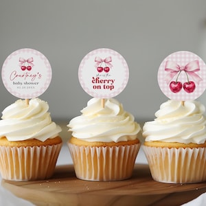 Cherry Baby Shower Cupcake Toppers, Pink Gingham Editable Round ...