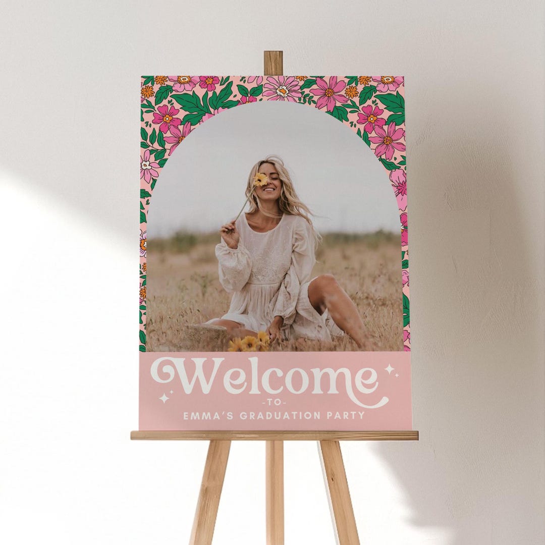 Pink Wildflower Graduation Photo Welcome Sign Template, Editable Floral ...