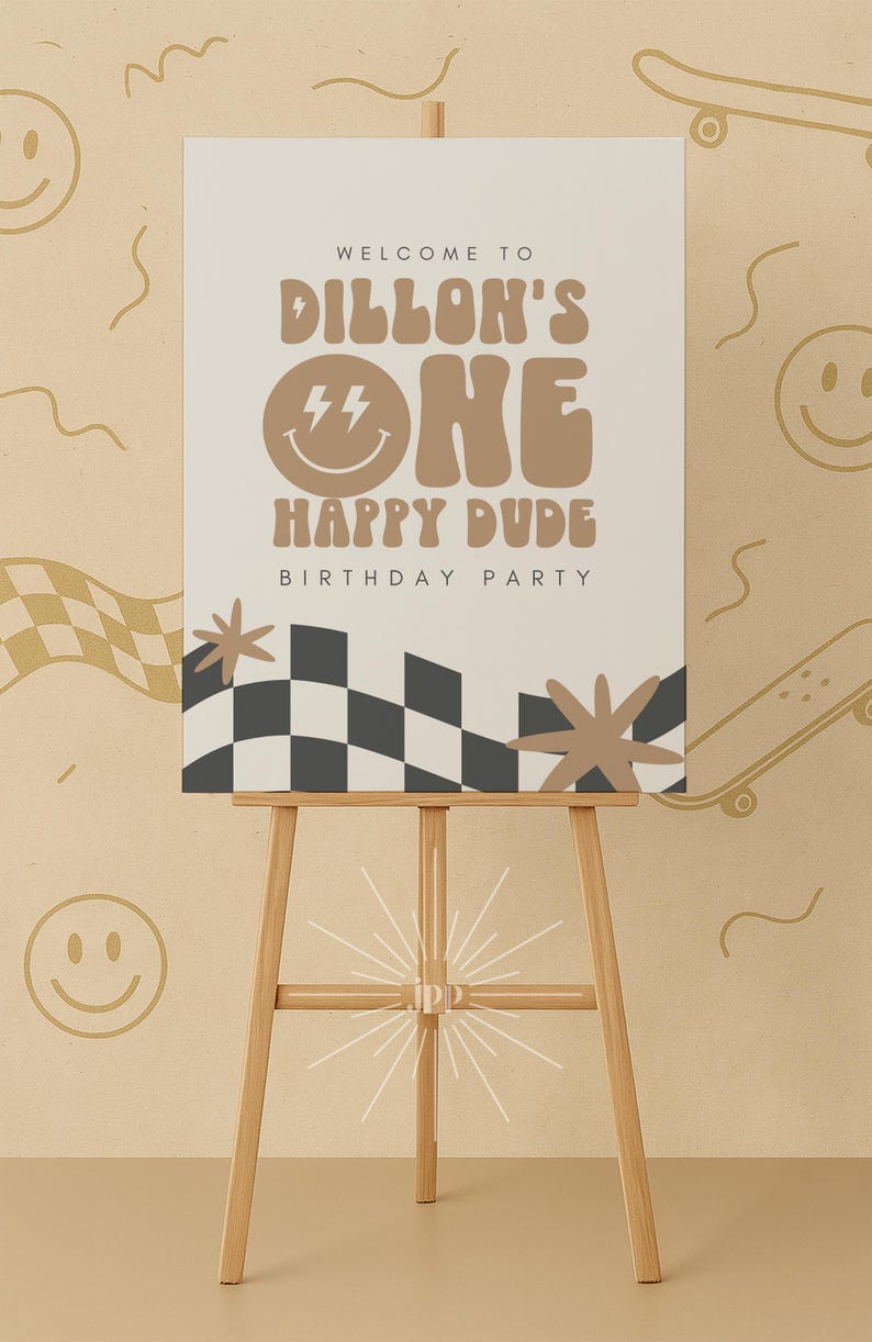 Happy Dude Editable Sign Template Boy Birthday Signage Smile Face Retro ...