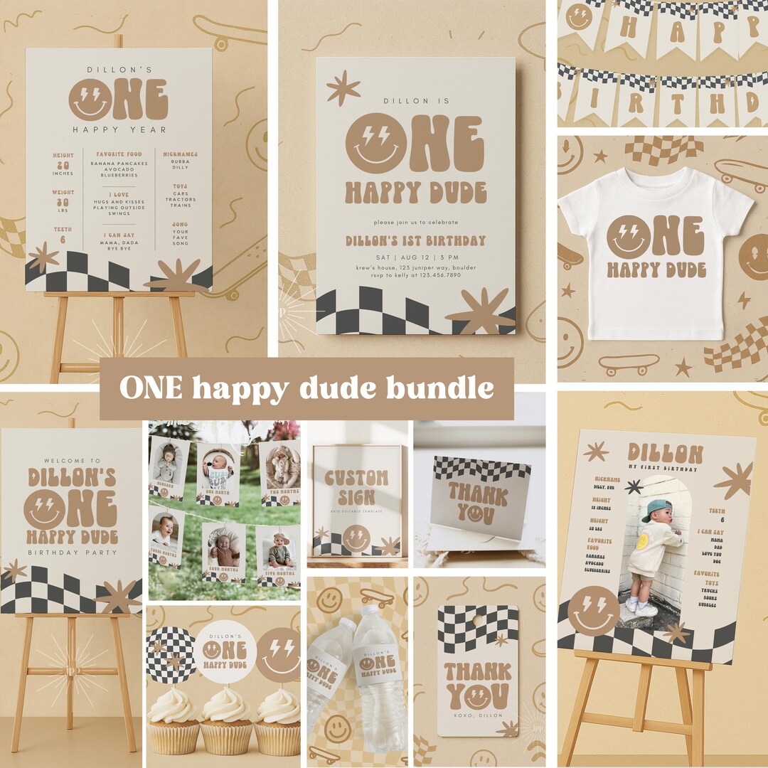 One Happy Dude Birthday Invitation Boy First Birthday Smile Face Retro ...