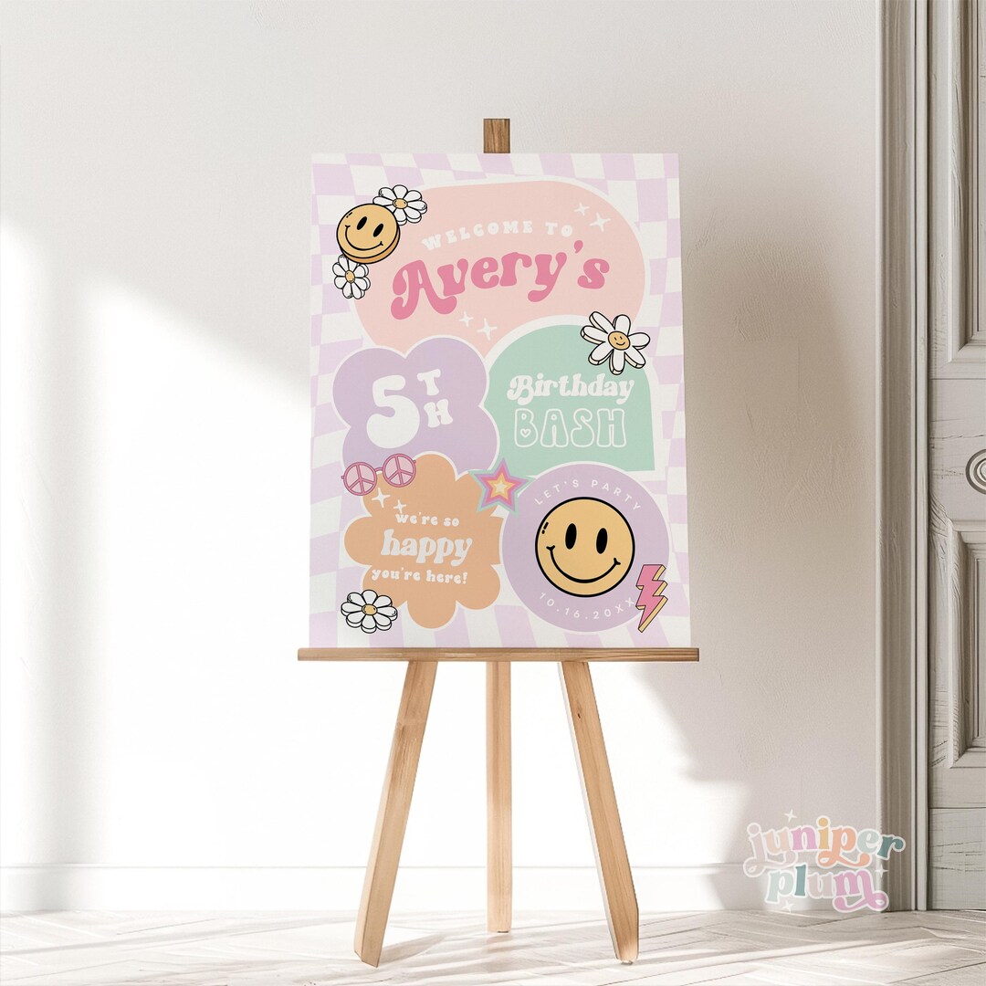 Preppy Smile Face Birthday Welcome Sign, Editable Groovy Retro Birthday ...