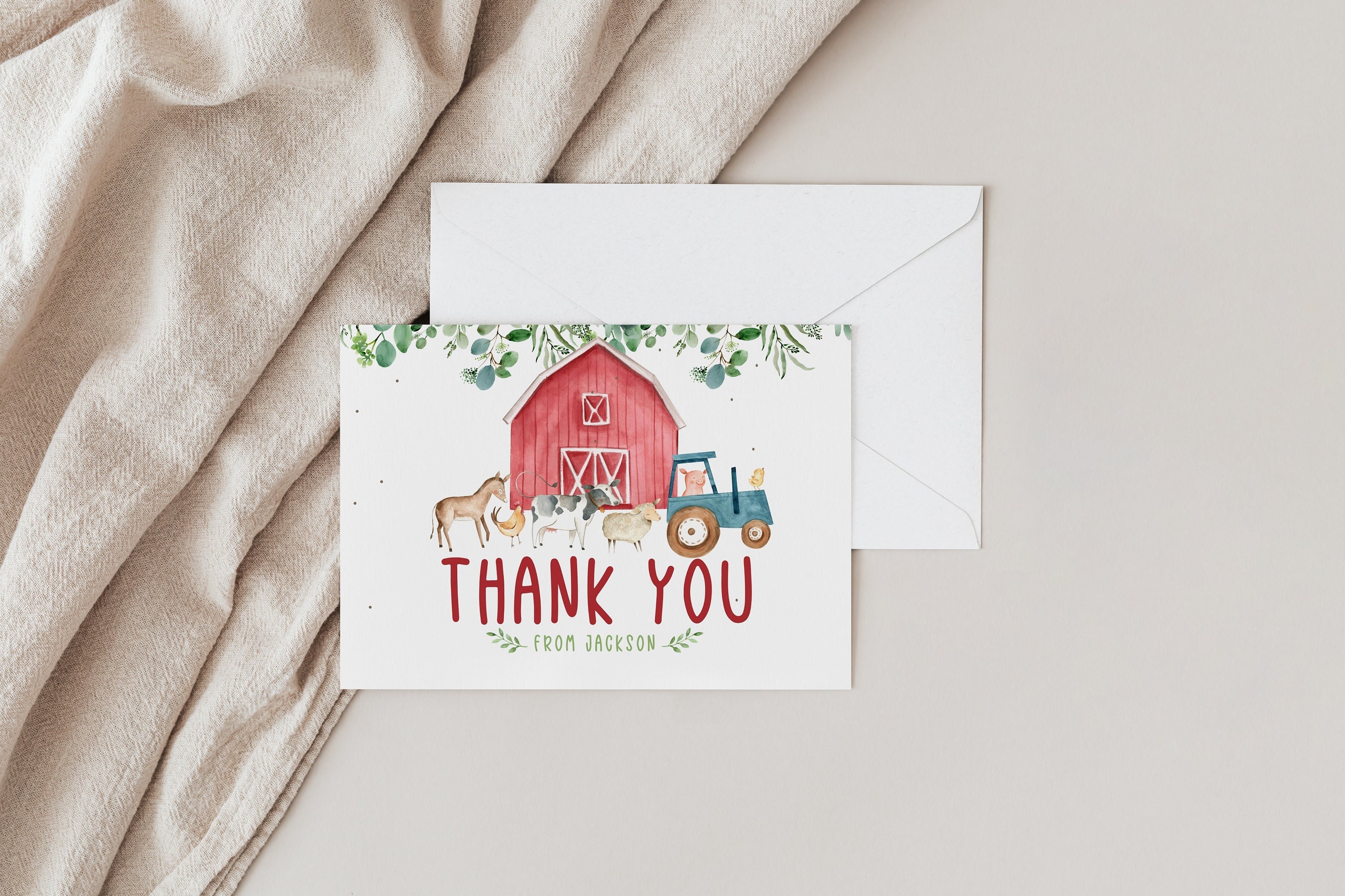 Editable Farm Animal Thank You Card, Barnyard Birthday Thank You Card ...