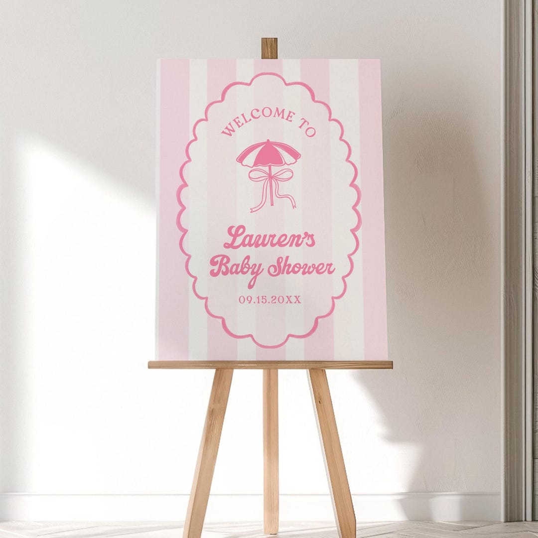 Pink Summer Baby Shower Welcome Sign | Retro Pink Stripe Umbrella Girl ...