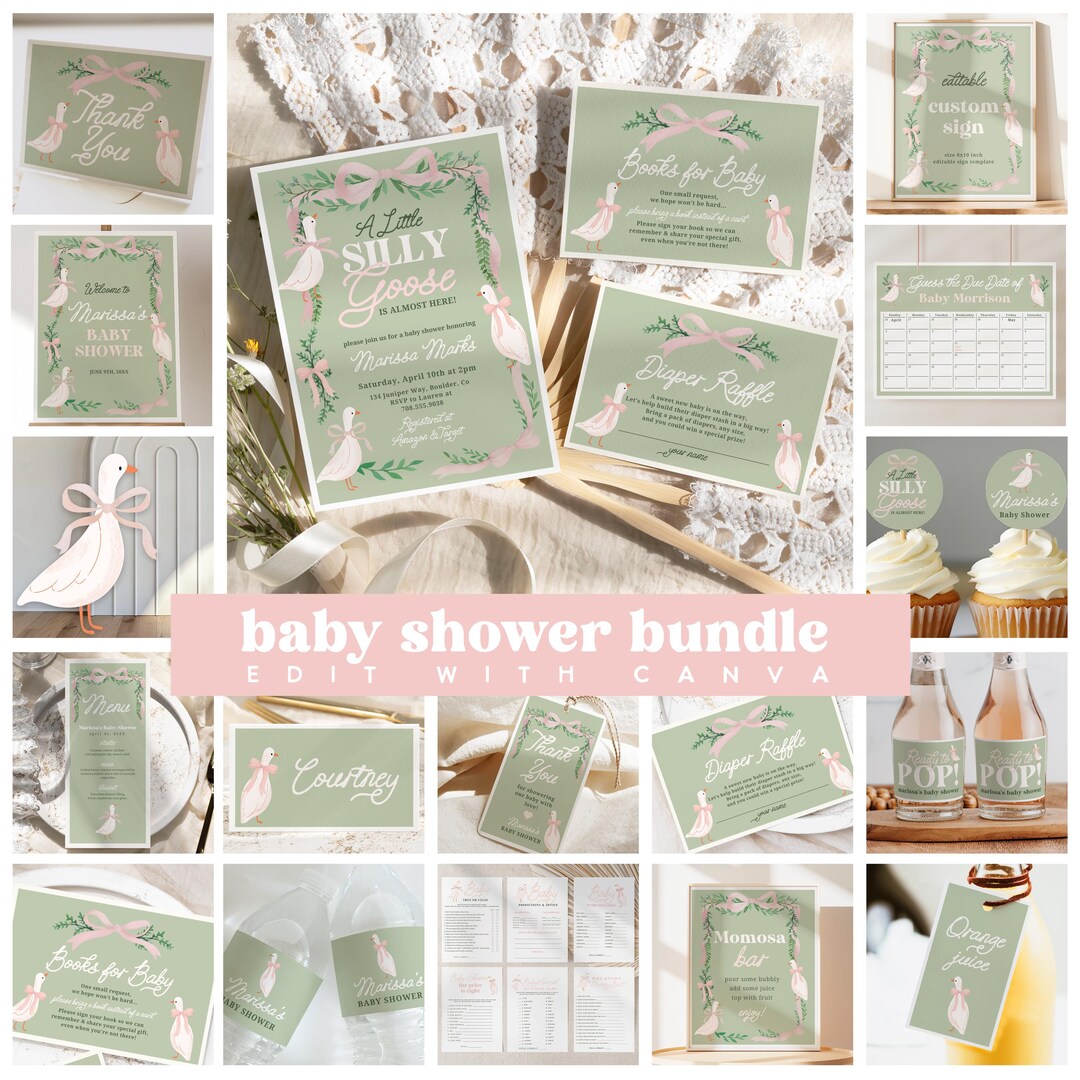 Pink Silly Goose Baby Shower Bundle | Editable Canva Templates | Girl ...