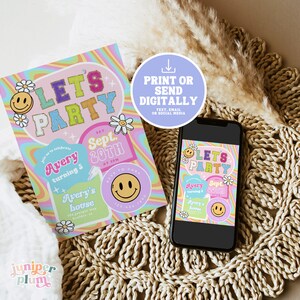 Editable Patch Letter Smile Face Birthday Invite, Groovy Retro Birthday ...