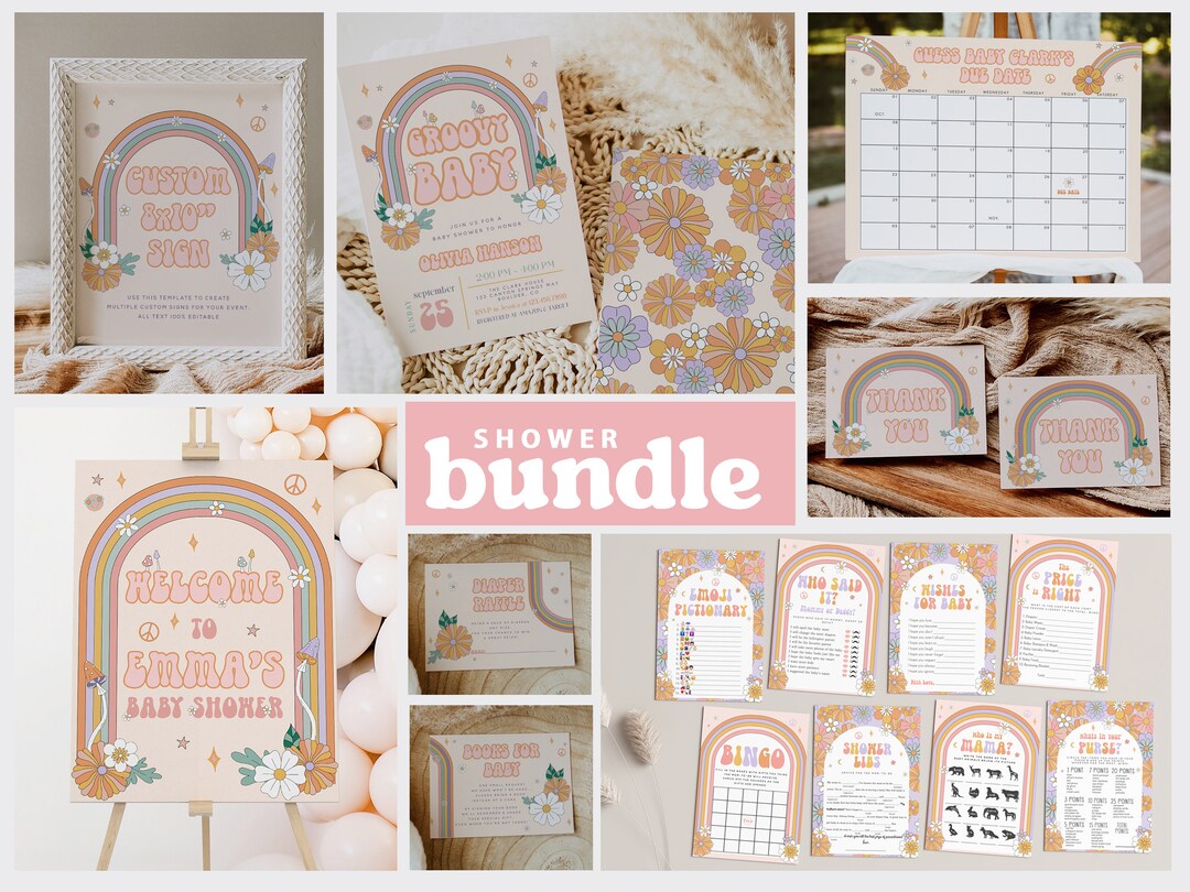Groovy Retro Baby Shower Bundle, Editable Girl Baby Shower Package ...