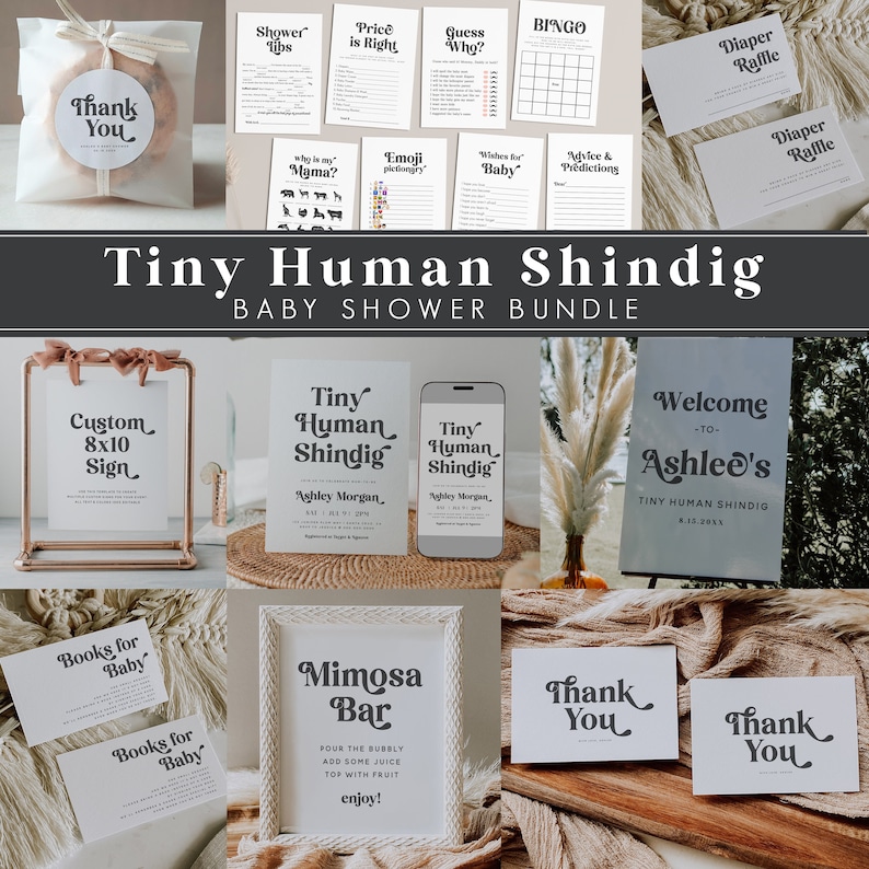 Tiny Human Shindig Baby Shower Bundle, Editable Minimalist Baby Shower ...