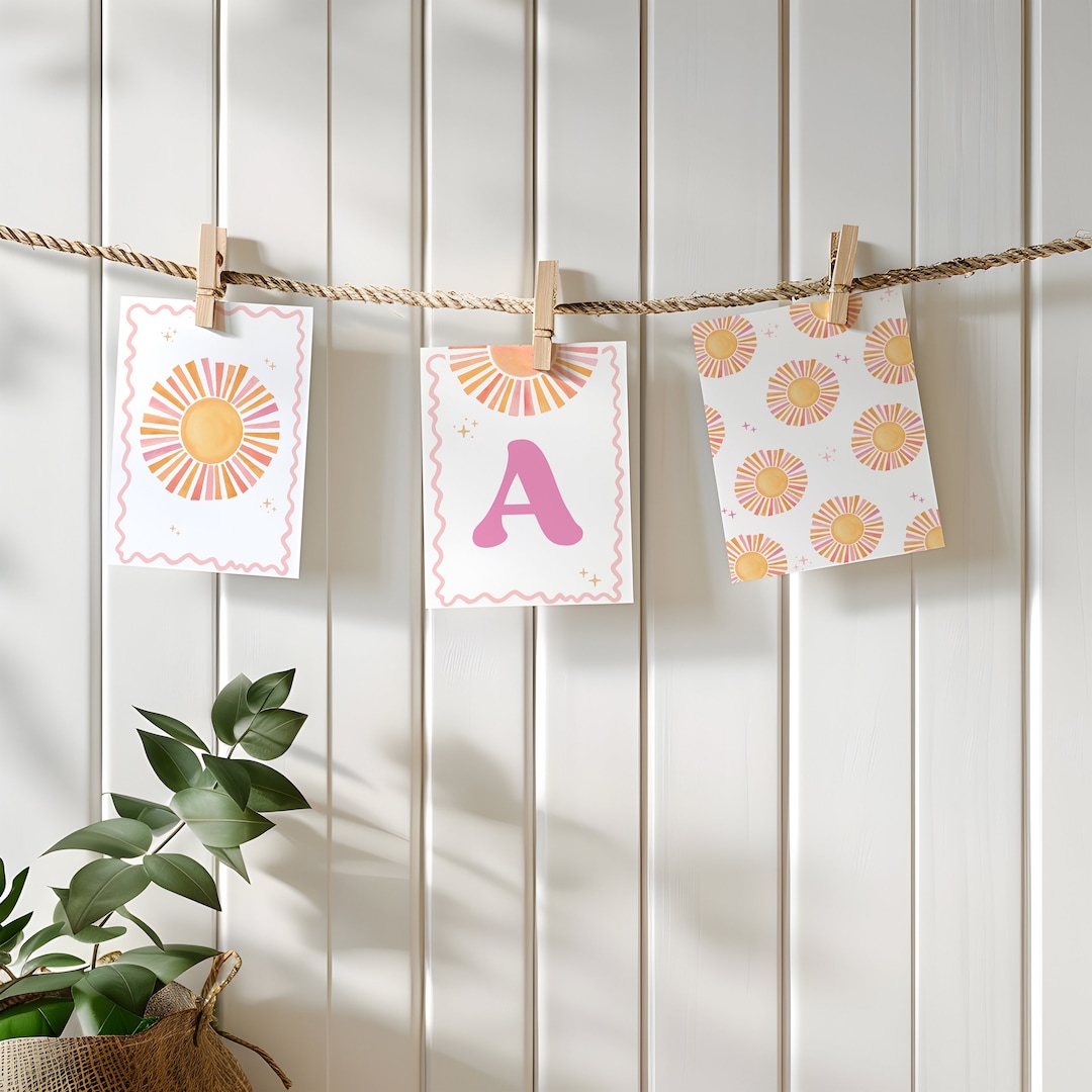 Sunshine Letter Banner, Editable Boho Sun Birthday Banner, One Happy ...