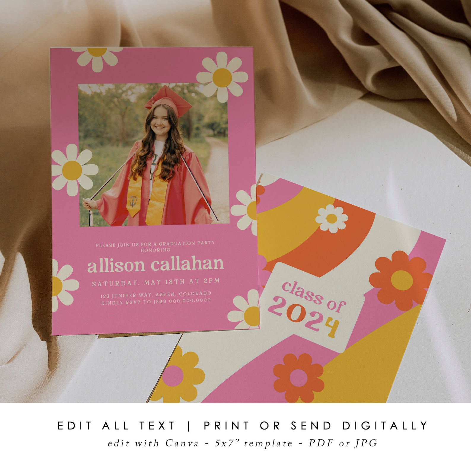 PINK Retro Daisy Graduation Invitation Template, Senior Graduation ...
