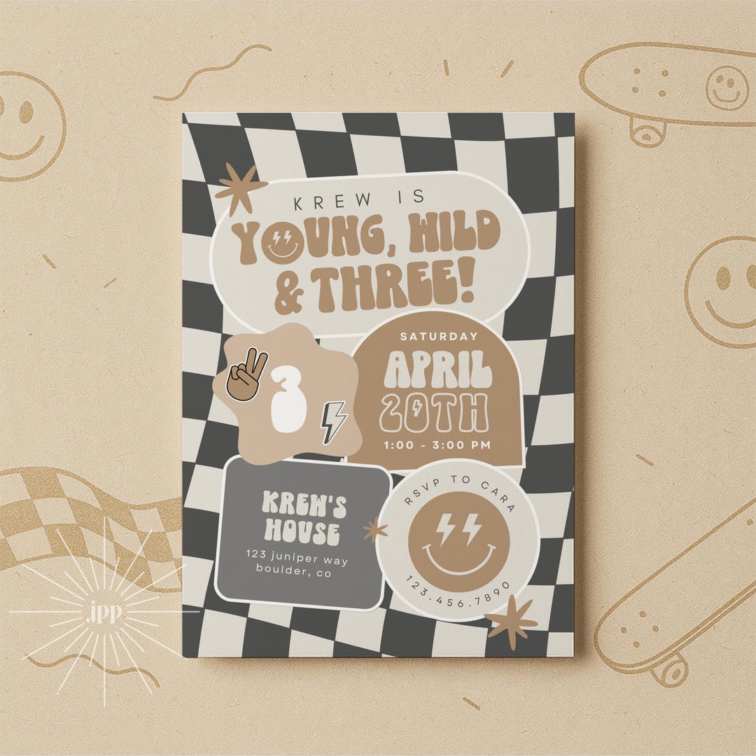 Young Wild and Three Invite Template, Smile Face Birthday Invite, Boy ...