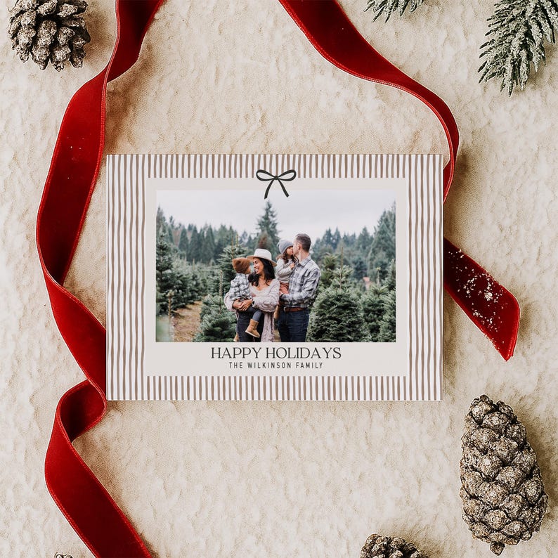 Neutral Happy Holidays Photo Card Template | Modern Stripe Christmas ...