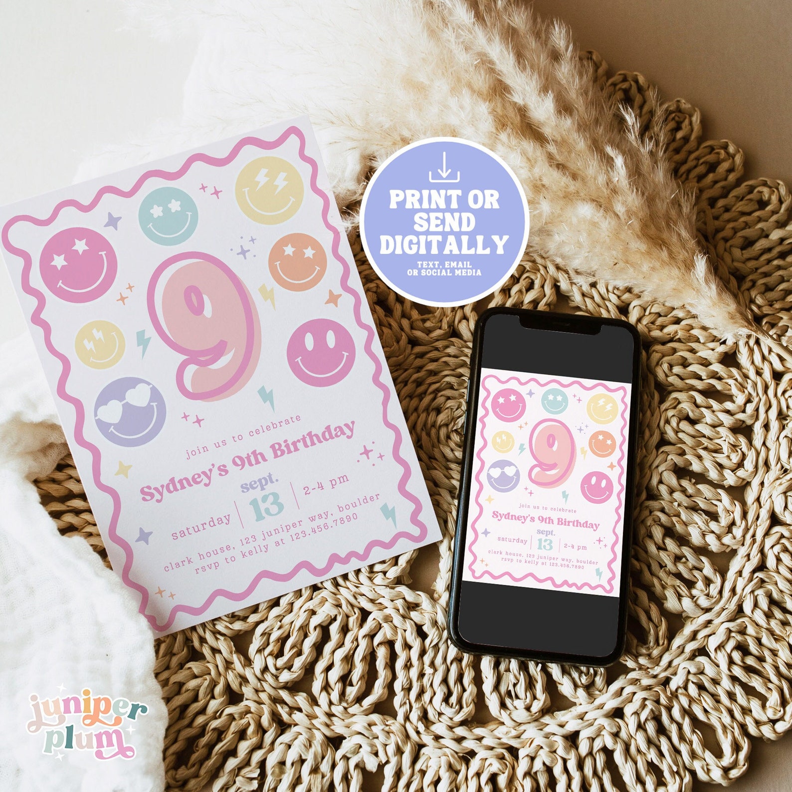 Editable Smile Face 9th Birthday Invitation, Smile Face Birthday, Tween ...