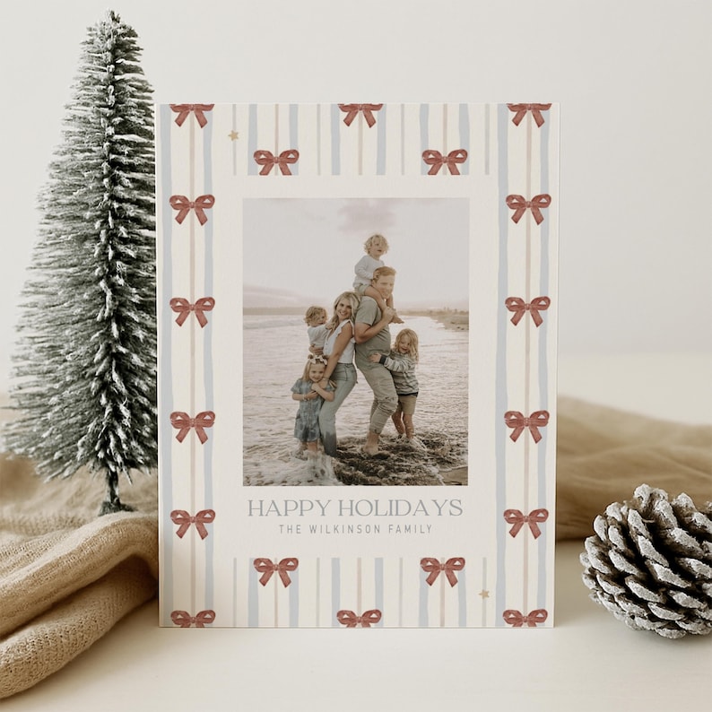Bow Holiday Card Template | Editable Canva Christmas Card Striped ...