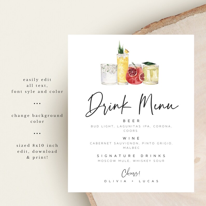 Modern Drink Menu Sign Wedding Bar Menu Editable Bar Menu - Etsy