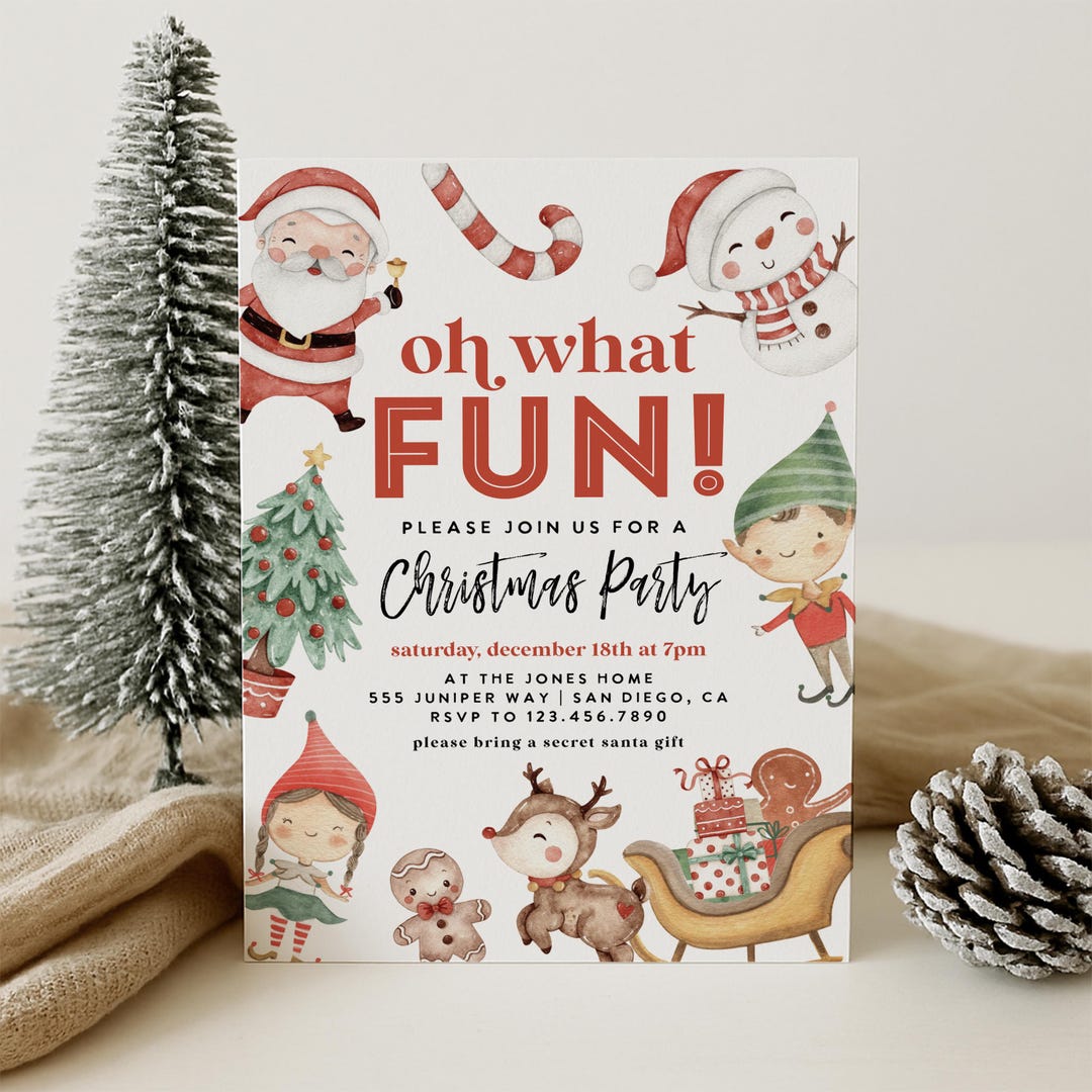 Oh What Fun Christmas Party Invitation | Santa & Elf Holiday Invite ...