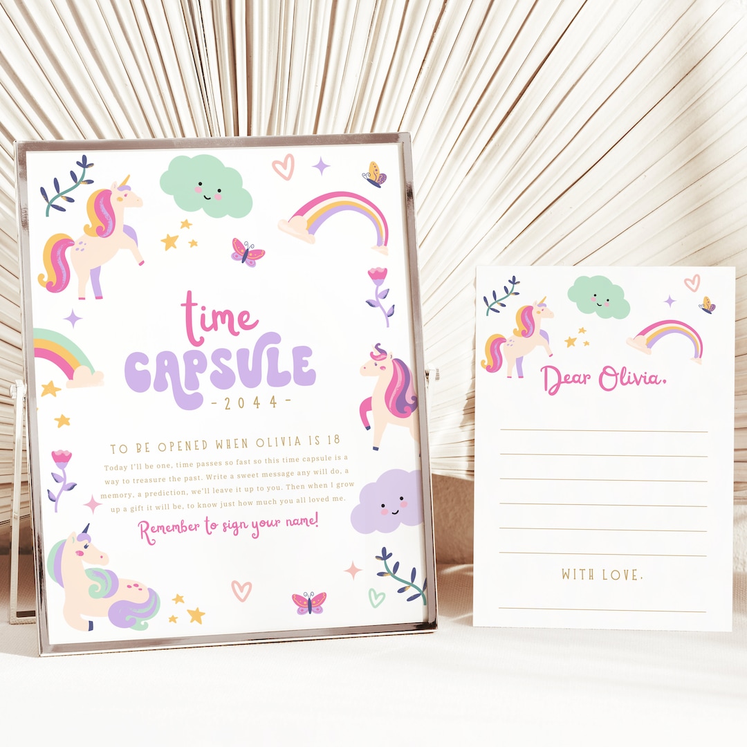 Editable Unicorn Birthday Time Capsule Magical Party Girl Pink Pastel ...