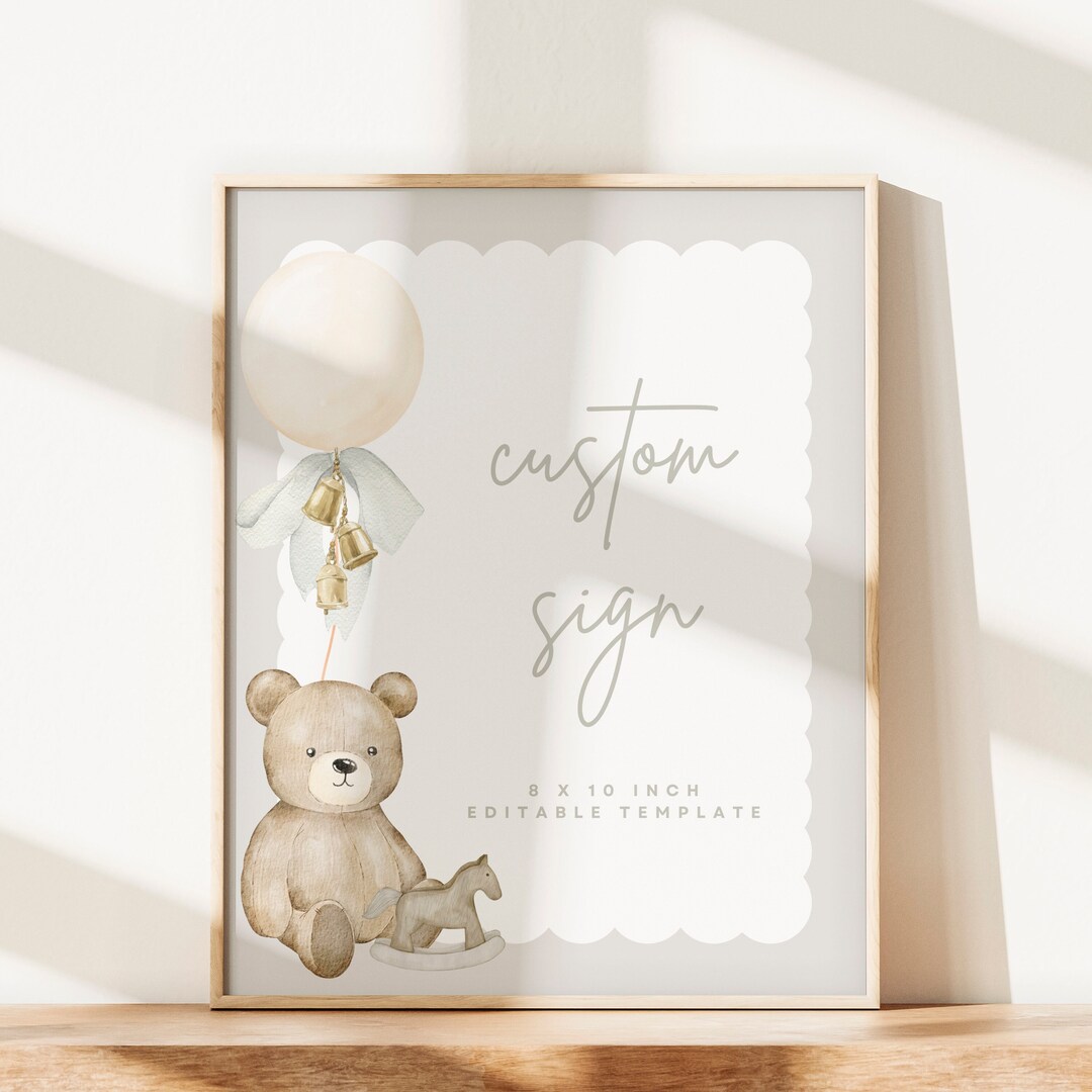 Teddy Bear Custom Sign Editable Template, Vintage Toy Baby Shower ...