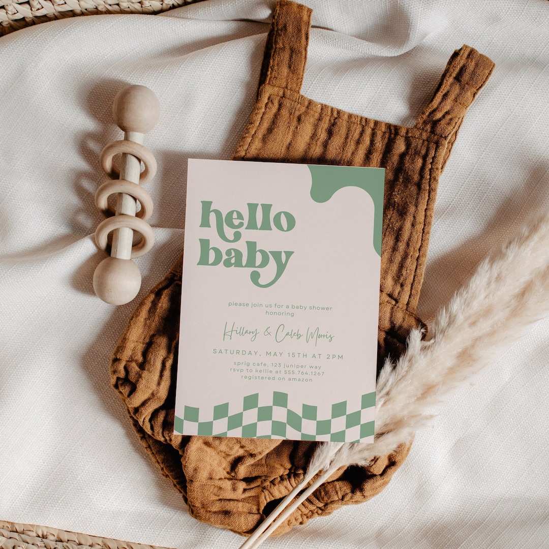 Sage Green Retro Baby Shower Invitation Gender Neutral Baby Shower ...