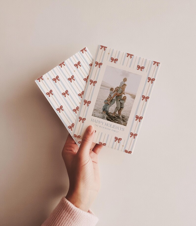 Bow Holiday Card Template | Editable Canva Christmas Card Striped ...