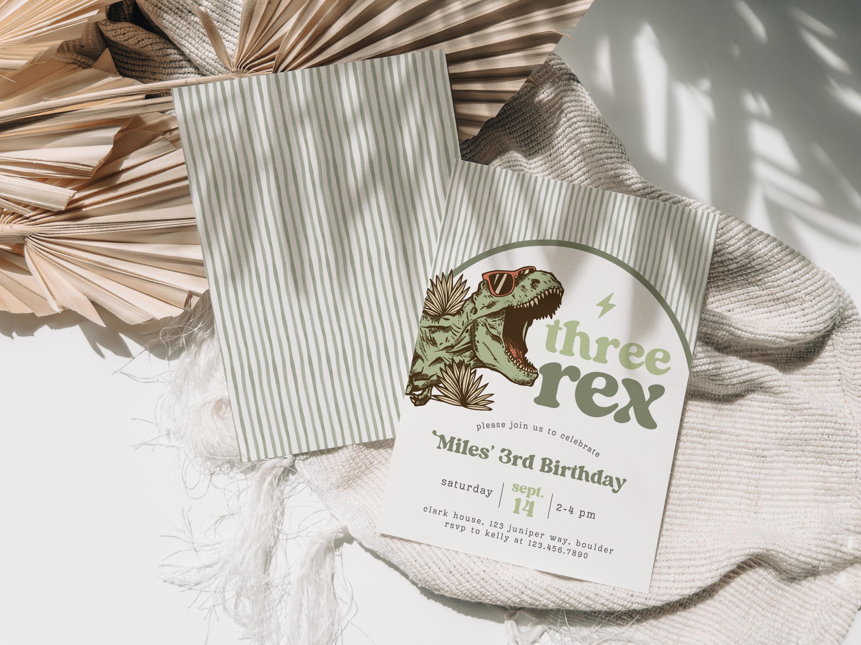 THREE REX Birthday Dinosaur Birthday Invitation Retro T Rex Checkered ...