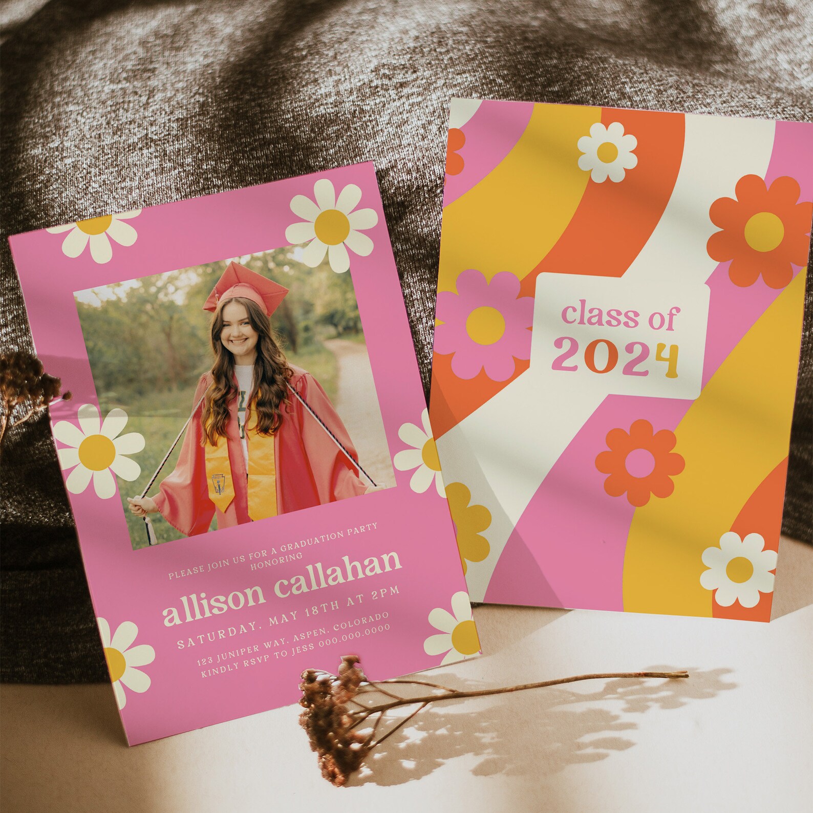 PINK Retro Daisy Graduation Invitation Template, Senior Graduation ...