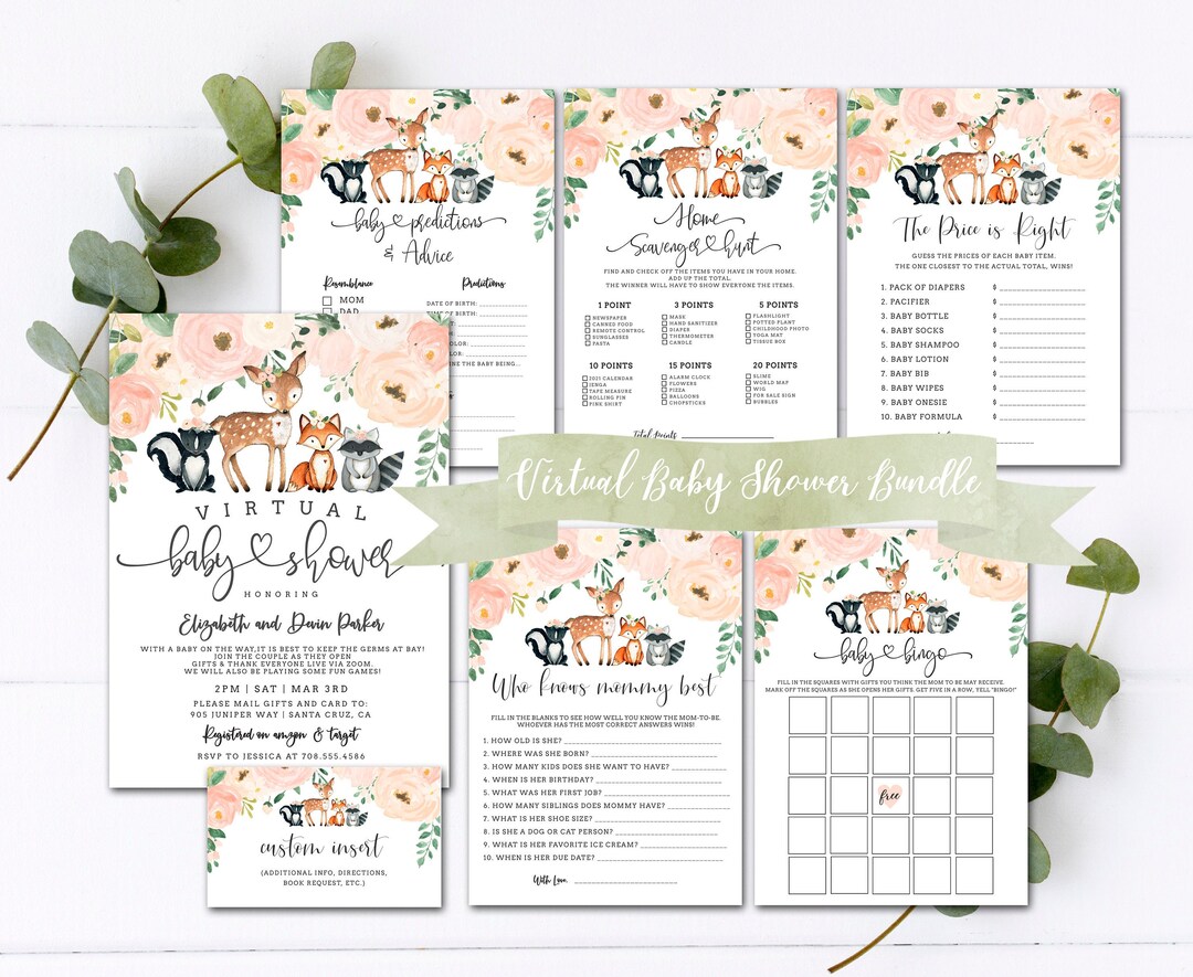 Virtual Baby Shower Invitation Set, EDITABLE, Woodland Animals Virtual ...