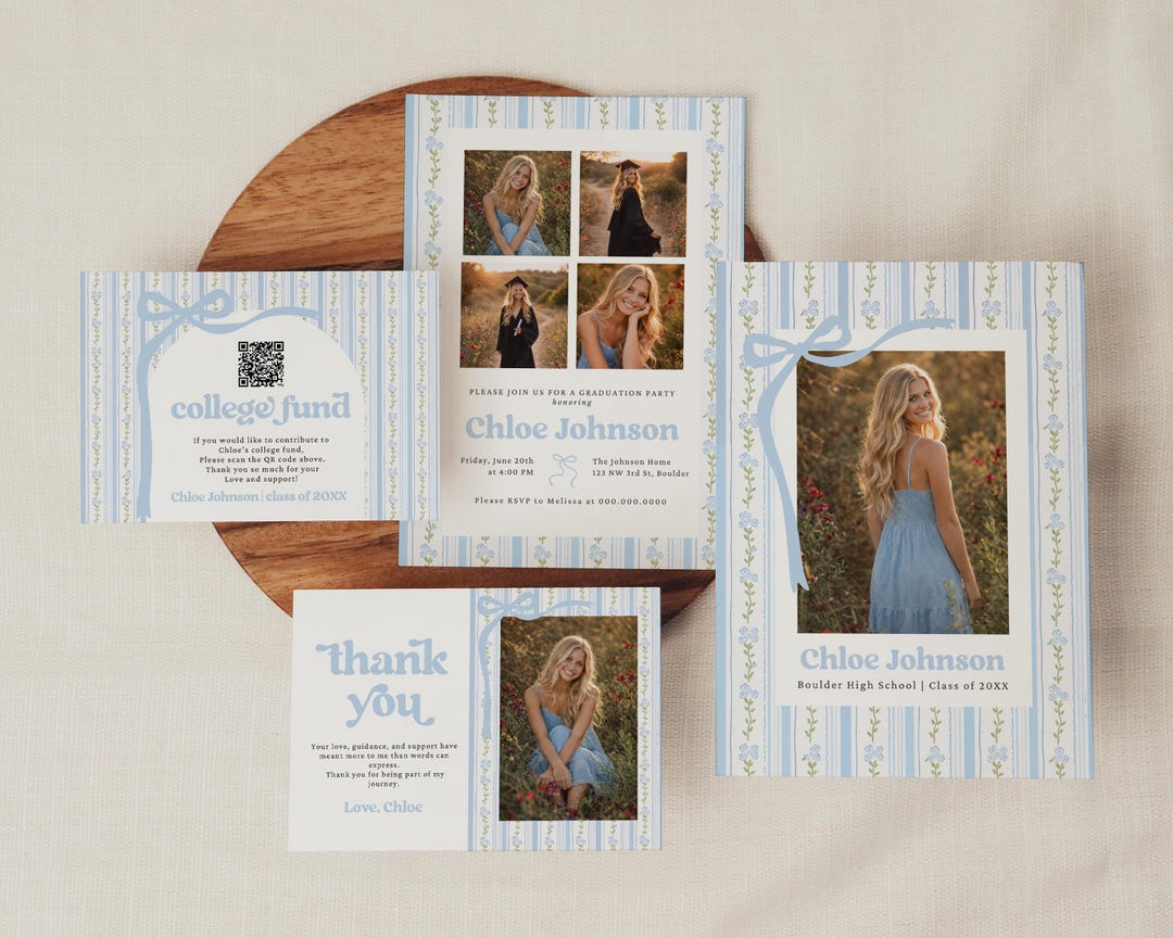 Preppy Graduation Bundle Template, Blue Floral Grad Invitation Set ...