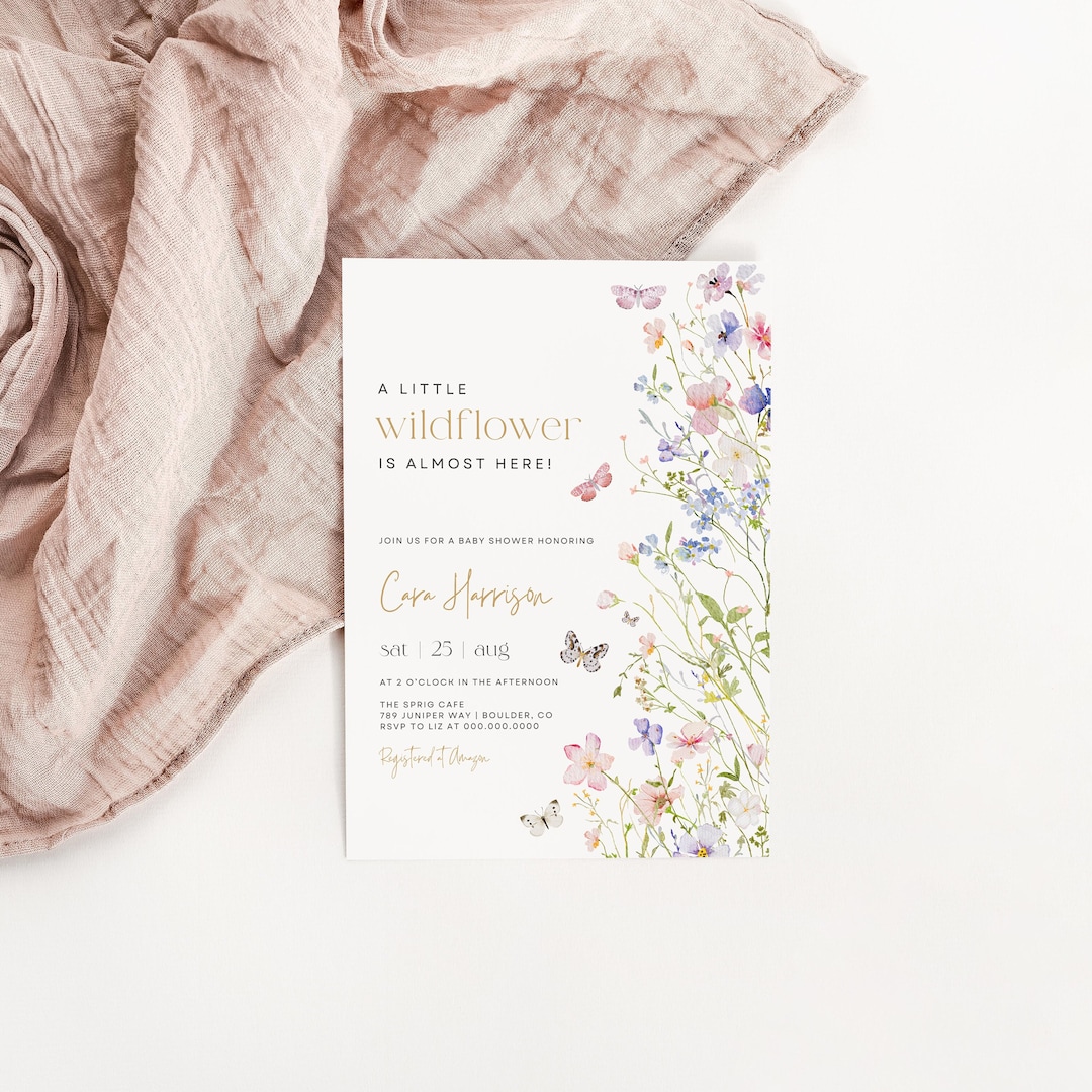 Butterfly Wildflower Baby Shower Invitation, Boho Wildflowers, Girl ...