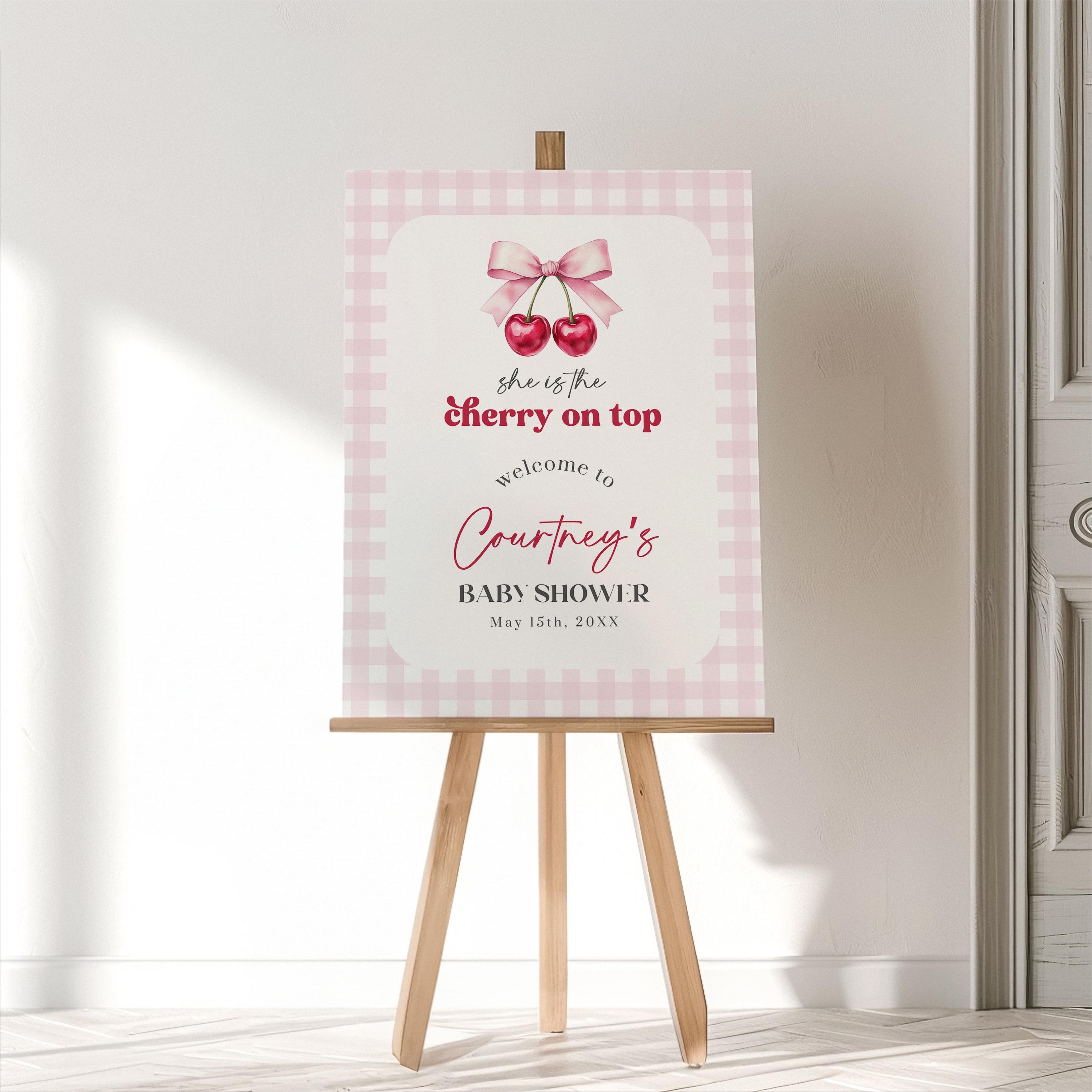 Cherry Baby Shower Mimosa Bar Sign Template Pink Gingham Momosa Bar ...